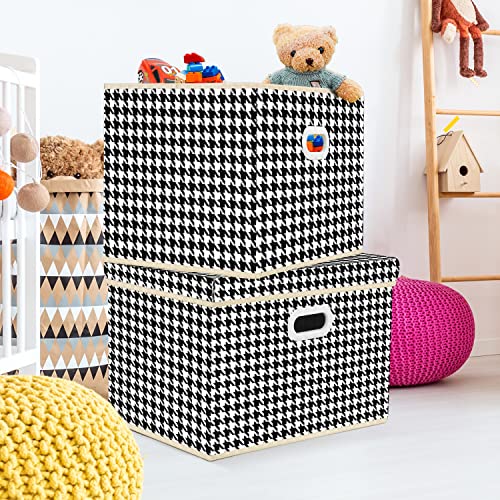 TYEERS Large Collapsible Storage Bins with Lids, Patterns, Washable, Fabric Decorative Storage Boxes for Home Office Storage, 17.3x11.8x11.4 inches, 5 Pack, Black