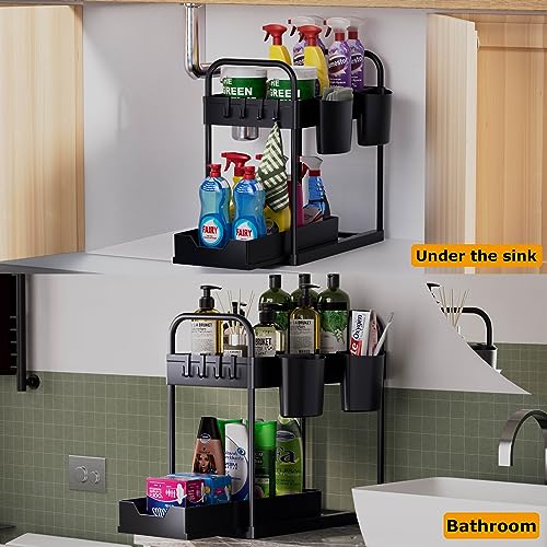 GEMWON Under Sink Organizer, 2 Tier Sliding Bathroom Organizer Cabinet Storage with Hooks, Hanging Cups, Handles, Multi-purpose Under Sink Shelf Organizer for Bathroom Kitchen(2 Pack)