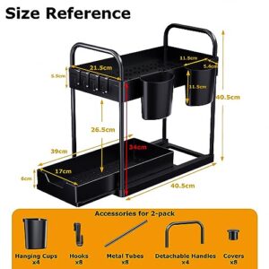 GEMWON Under Sink Organizer, 2 Tier Sliding Bathroom Organizer Cabinet Storage with Hooks, Hanging Cups, Handles, Multi-purpose Under Sink Shelf Organizer for Bathroom Kitchen(2 Pack)