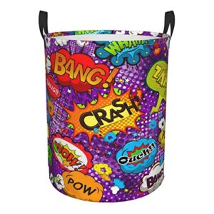 circular laundry hamper organizer comic book style speech bubbles effects humorous fun contemporary design collapsible storage baskets dirty clothes bag with handles toy organizer medium