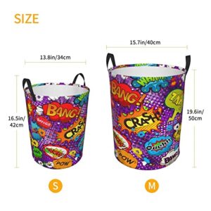 Circular Laundry Hamper Organizer Comic Book Style Speech Bubbles Effects Humorous Fun Contemporary Design Collapsible Storage Baskets Dirty Clothes Bag With Handles Toy Organizer Medium