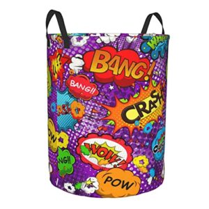 Circular Laundry Hamper Organizer Comic Book Style Speech Bubbles Effects Humorous Fun Contemporary Design Collapsible Storage Baskets Dirty Clothes Bag With Handles Toy Organizer Medium