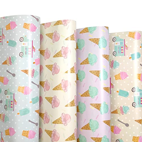 LDGOOAEL Flat Birthday Wrapping Paper Sheets-12 Sheets with 4 Ice Cream Paterns, Gift Wrapping Paper for Birthday, Wedding, Baby Shower Occasions- Pre cut & Folded(19.6" x 27.5“ Per Sheet)…