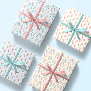 LDGOOAEL Flat Birthday Wrapping Paper Sheets-12 Sheets with 4 Ice Cream Paterns, Gift Wrapping Paper for Birthday, Wedding, Baby Shower Occasions- Pre cut & Folded(19.6" x 27.5“ Per Sheet)…