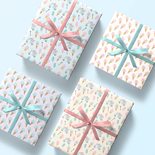 LDGOOAEL Flat Birthday Wrapping Paper Sheets-12 Sheets with 4 Ice Cream Paterns, Gift Wrapping Paper for Birthday, Wedding, Baby Shower Occasions- Pre cut & Folded(19.6" x 27.5“ Per Sheet)…