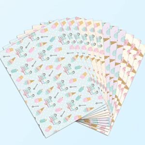 LDGOOAEL Flat Birthday Wrapping Paper Sheets-12 Sheets with 4 Ice Cream Paterns, Gift Wrapping Paper for Birthday, Wedding, Baby Shower Occasions- Pre cut & Folded(19.6" x 27.5“ Per Sheet)…