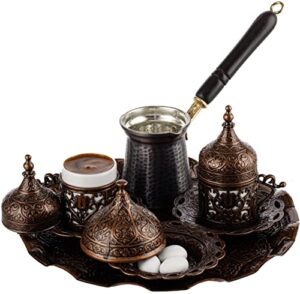 demmex 2023 turkish greek arabic coffee full set with cups saucers lids sugar bowl tray and copper coffee pot, 12 pcs