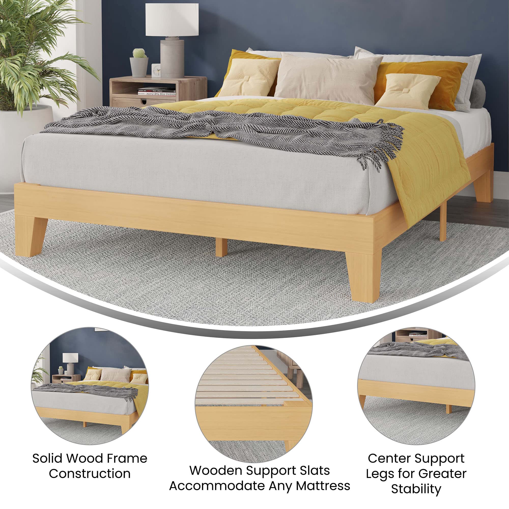 Flash Furniture Evelyn Wooden Platform Bed - Natural Pine Finish - Queen - Wooden Slat Support - No Box Spring Required - Easy Assembly