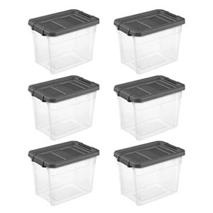 sterilite 30 quart clear plastic stackable storage container bin box tote with grey latching lid organizing solution for home & classroom, 6 pack