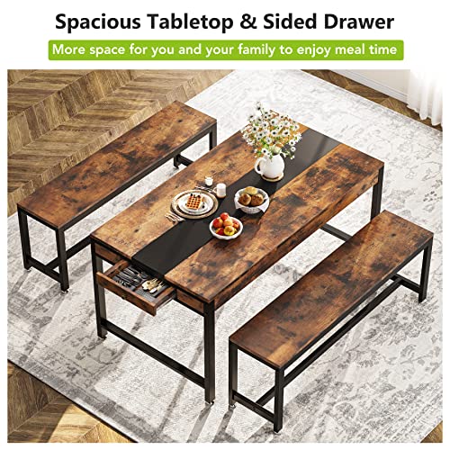 Tribesigns 63 Inch Large Dining Table Set for 4 to 6, Kitchen Breakfast Table with 2 Benches & Sided Drawer, 3-Piece Modern Industrial Bar Table Furniture for Dining Room, Rustic Brown & Black