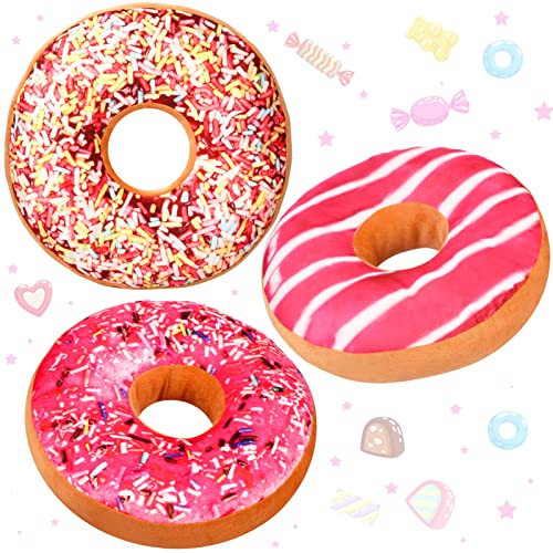 3 Pieces Donut Round Throw Pillow 16 Inch Pink Donut 3D Digital Print Pillow Cute Doughnut Shaped Funny Pillows Soft Plush Food Stuffed Decor Comfortable Cushion for Floor Chair Couch