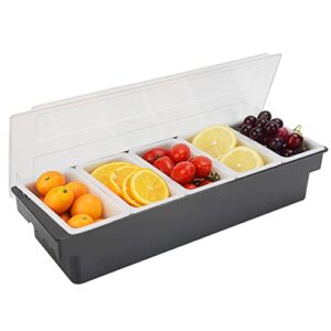 bar top food & condiment dispenser 5-grid plastic chilled garnish tray bar caddy with lid for bartending & serving taco, ice cream, fruit, salad bar (black)