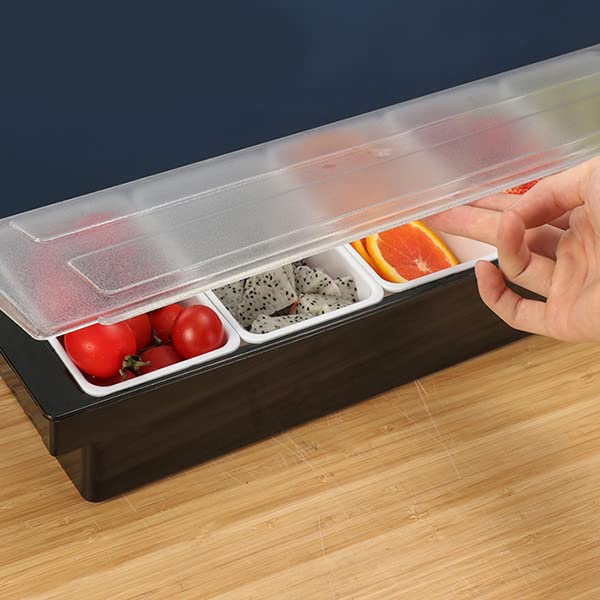 Bar Top Food & Condiment Dispenser 5-grid Plastic Chilled Garnish Tray Bar Caddy with Lid for Bartending & Serving Taco, Ice Cream, Fruit, Salad Bar (Black)