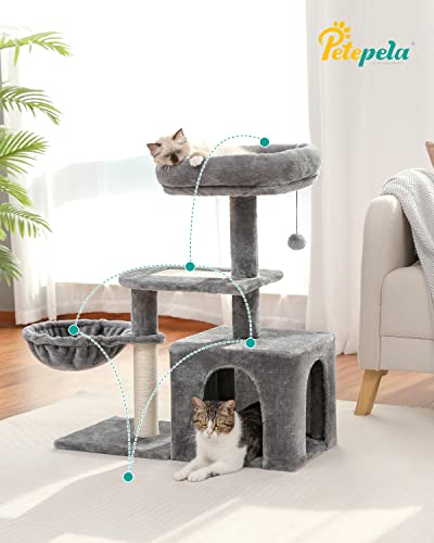 PETEPELA Cat Tree for Small Indoor Cats, Plush Cat Tower with Large Cat Condo, Deep Hammock and Sisal Cat Scratching Post for Kittens