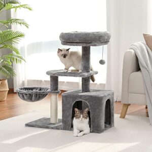 PETEPELA Cat Tree for Small Indoor Cats, Plush Cat Tower with Large Cat Condo, Deep Hammock and Sisal Cat Scratching Post for Kittens