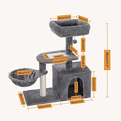 PETEPELA Cat Tree for Small Indoor Cats, Plush Cat Tower with Large Cat Condo, Deep Hammock and Sisal Cat Scratching Post for Kittens