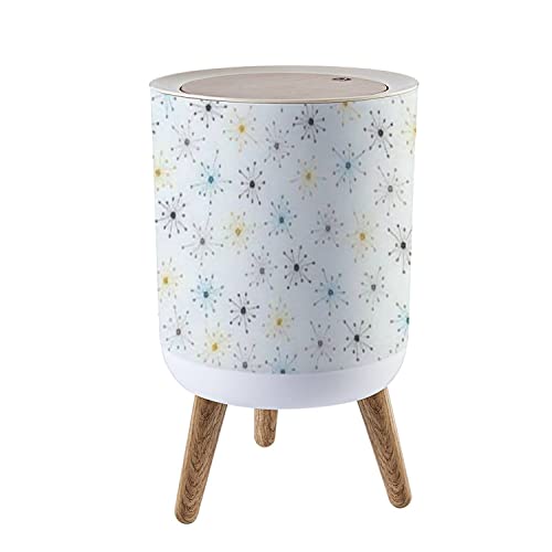 Small Trash Can with Lid Seamless 50s Retro Atomic Starbust Mid Century Modern Repeating 1950s Round Garbage Can Press Cover Wastebasket Wood Waste Bin for Bathroom Kitchen Office 7L/1.8 Gallon