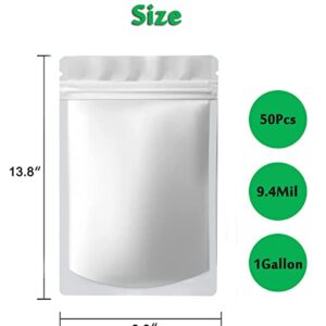 50 Pcs Mylar Bags 1 Gallon for Food Storage, Extra Thick 9.4 Mil 9.8'' x 13.8'' Standable Resealable Ziplock Food Grade Bags for Packaging Food, Coffee Beans, tea, grains, etc Products