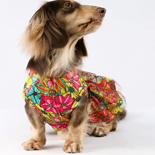 Fitwarm Dog Harness Tulle Dress with Leash Set, Daisy Floral Dog Clothes for Small Dogs Girl, Cat Apparel, Red, Yellow, Pink, Large