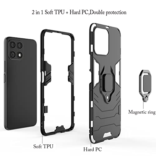 Compatible with Honor X8 Case Kickstand with Tempered Glass Screen Protector [2 Pieces], Hybrid Heavy Duty Armor Dual Layer Anti-Scratch Phone Case Cover, Black