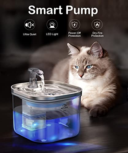 PETCADO Cat Water Fountain with Stainless Steel Lid, 67oz/2L Ultra-Quiet Cat Fountain with LED Light, Activated Carbon Filter, BPA-Free Automatic Pet Water Dispenser for Cats and Small Dogs