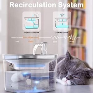 PETCADO Cat Water Fountain with Stainless Steel Lid, 67oz/2L Ultra-Quiet Cat Fountain with LED Light, Activated Carbon Filter, BPA-Free Automatic Pet Water Dispenser for Cats and Small Dogs