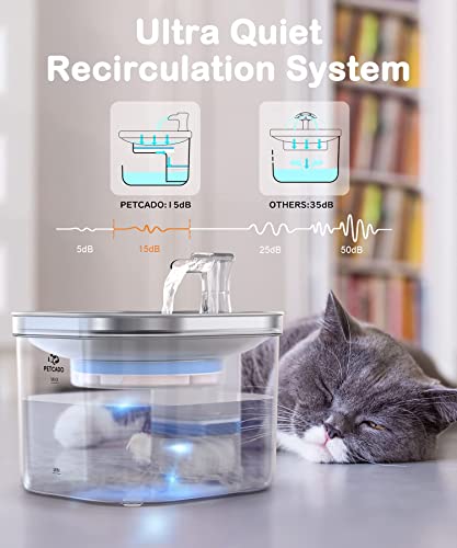 PETCADO Cat Water Fountain with Stainless Steel Lid, 67oz/2L Ultra-Quiet Cat Fountain with LED Light, Activated Carbon Filter, BPA-Free Automatic Pet Water Dispenser for Cats and Small Dogs