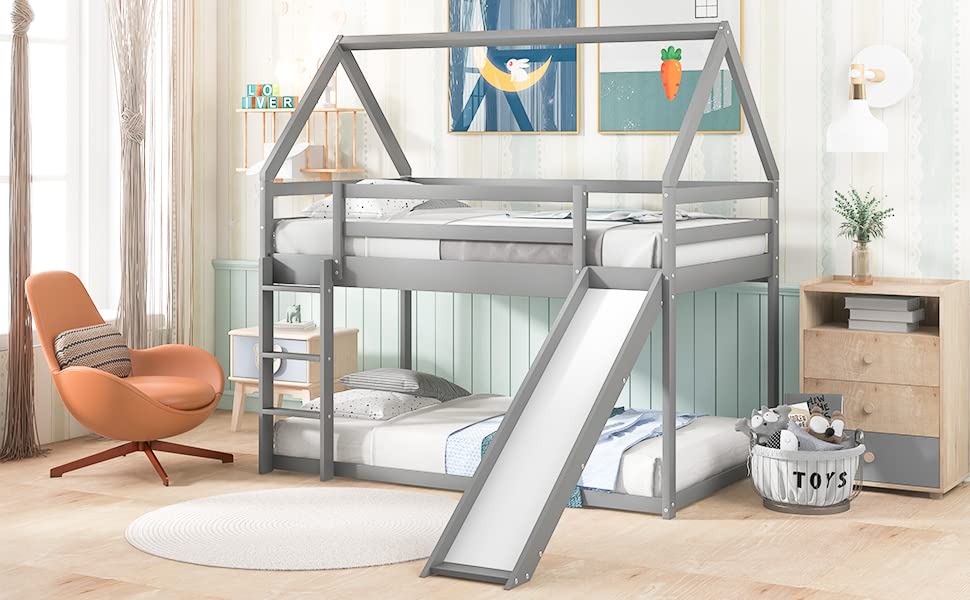 Harper & Bright Designs House Bunk Bed with Convertible Slide and Ladder, Twin Over Twin Bunk Bed with Roof and Security Guardrails, Floor Bunk Bed for Kids (Gray)