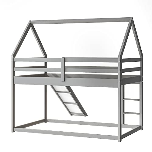 Harper & Bright Designs House Bunk Bed with Convertible Slide and Ladder, Twin Over Twin Bunk Bed with Roof and Security Guardrails, Floor Bunk Bed for Kids (Gray)