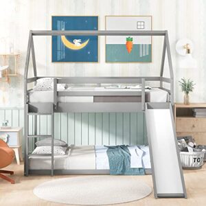 Harper & Bright Designs House Bunk Bed with Convertible Slide and Ladder, Twin Over Twin Bunk Bed with Roof and Security Guardrails, Floor Bunk Bed for Kids (Gray)