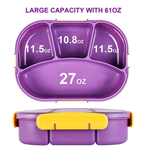 PARACITY Bento Box for Adults, Leak-Proof Bento Lunch Box 61OZ, Large Capacity Lunch Container with 4 Compartments& Utensiles, Leak-Proof, Microwave/Dishwasher/Freezer Safe, BPA-Free(Purple)