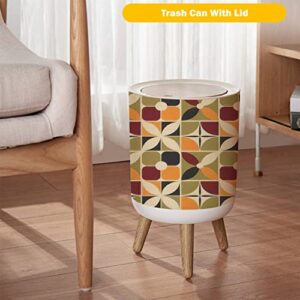 Small Trash Can with Lid 70s retro vintage mid century modern seamless simple geometric flowers Round Garbage Can Press Cover Wastebasket Wood Waste Bin for Bathroom Kitchen Office 7L/1.8 Gallon