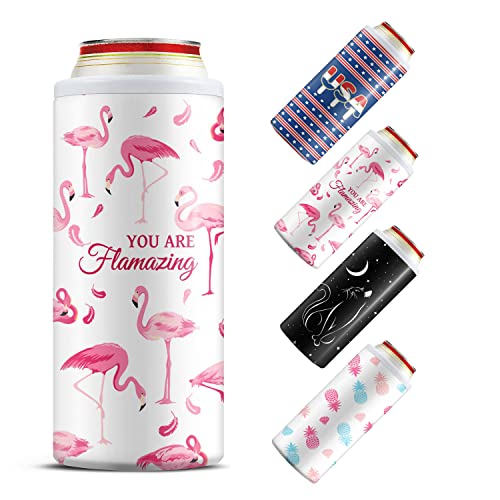 Slim Can Cooler Insulated Skinny Stainless Steel Doucle Freezable Can Cooler Sleeve Hard Seltzer 12 oz Slim Cans （Flamingo）