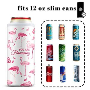 Slim Can Cooler Insulated Skinny Stainless Steel Doucle Freezable Can Cooler Sleeve Hard Seltzer 12 oz Slim Cans （Flamingo）