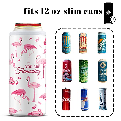 Slim Can Cooler Insulated Skinny Stainless Steel Doucle Freezable Can Cooler Sleeve Hard Seltzer 12 oz Slim Cans （Flamingo）