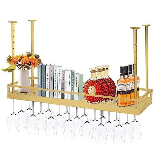 KEPMOGOH Ceiling Wine Glass Rack, Adjustable Hanging Metal Wine Holder Cabinet, Floating Iron Bottle Holder Wine Shelf, Wall-Mounted Wine Rack Storage Shelve for Bar Cafe Kitchen Party (31.5in)