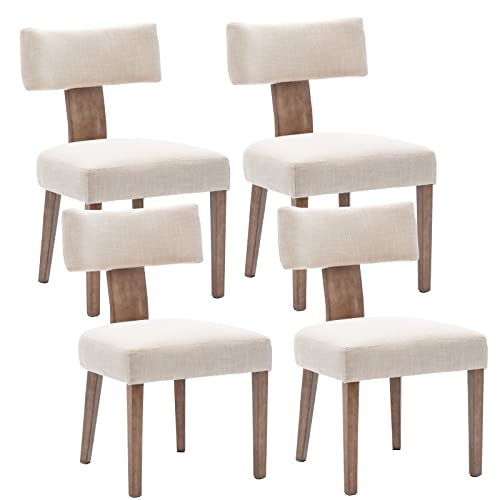 HNY Mid Century Modern Dining Chairs Set of 4, Farmhouse Linen Fabric Upholstered Accent Chair Curved Backrest Kitchen Chairs, with Hardwood Frame, Beige