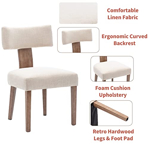 HNY Mid Century Modern Dining Chairs Set of 4, Farmhouse Linen Fabric Upholstered Accent Chair Curved Backrest Kitchen Chairs, with Hardwood Frame, Beige