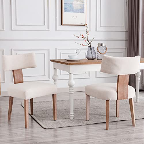 HNY Mid Century Modern Dining Chairs Set of 4, Farmhouse Linen Fabric Upholstered Accent Chair Curved Backrest Kitchen Chairs, with Hardwood Frame, Beige