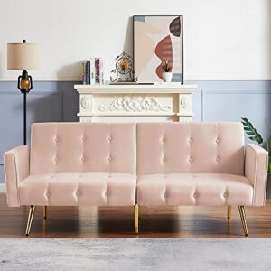 Antetek 76-inch Velvet Futon Sofa Bed Convertible Sleeper Sofa Couch, Upgrade Button Tufted Oversized Loveseat Sofa with 3 Adjustable Positions and 6 Metal Legs for Living Room Bedroom Office, Pink