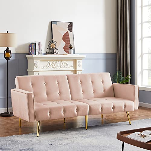 Antetek 76-inch Velvet Futon Sofa Bed Convertible Sleeper Sofa Couch, Upgrade Button Tufted Oversized Loveseat Sofa with 3 Adjustable Positions and 6 Metal Legs for Living Room Bedroom Office, Pink