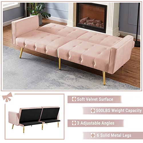 Antetek 76-inch Velvet Futon Sofa Bed Convertible Sleeper Sofa Couch, Upgrade Button Tufted Oversized Loveseat Sofa with 3 Adjustable Positions and 6 Metal Legs for Living Room Bedroom Office, Pink