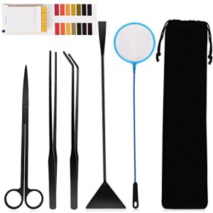 hotoolme 6 in 1 aquarium aquascape tools, long stainless steel aquatic plant tweezers scissors scrapers set for fish tank starter kit, aquarium cleaning kit with ph paper fish net bag (black)