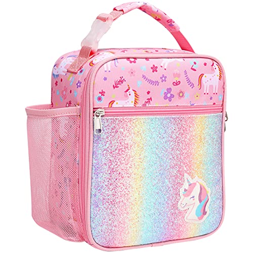 Bagseri Kids Lunch Box Girls - Insulated Kids Lunch Bag for Girls Portable Reusable Toddler Lunch Cooler Bag for School, Water-resistant Lining（Glitter Unicorn,Pink）