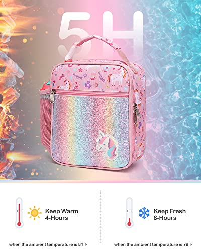 Bagseri Kids Lunch Box Girls - Insulated Kids Lunch Bag for Girls Portable Reusable Toddler Lunch Cooler Bag for School, Water-resistant Lining（Glitter Unicorn,Pink）