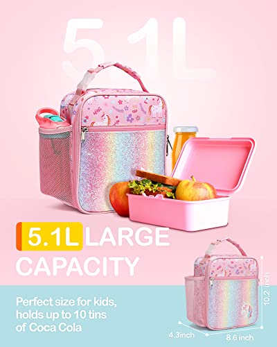 Bagseri Kids Lunch Box Girls - Insulated Kids Lunch Bag for Girls Portable Reusable Toddler Lunch Cooler Bag for School, Water-resistant Lining（Glitter Unicorn,Pink）