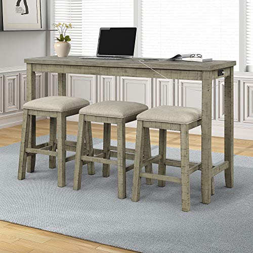 Knocbel Rustic Counter Height 3 Person Dining Table Set, 4-Piece Dinette Set with Socket and Backless Stools, Kitchen Dining Room Bar Pub Bistro Small Space Furniture Set (Distressed Gray Green)