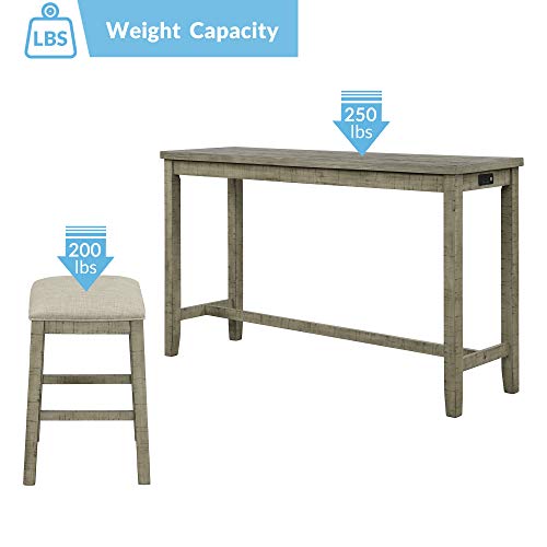 Knocbel Rustic Counter Height 3 Person Dining Table Set, 4-Piece Dinette Set with Socket and Backless Stools, Kitchen Dining Room Bar Pub Bistro Small Space Furniture Set (Distressed Gray Green)