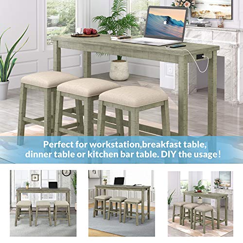 Knocbel Rustic Counter Height 3 Person Dining Table Set, 4-Piece Dinette Set with Socket and Backless Stools, Kitchen Dining Room Bar Pub Bistro Small Space Furniture Set (Distressed Gray Green)