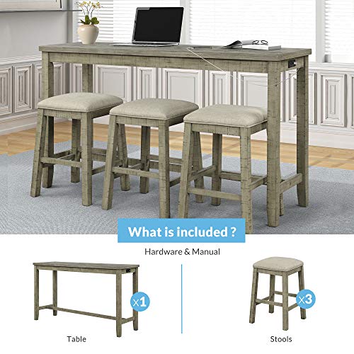 Knocbel Rustic Counter Height 3 Person Dining Table Set, 4-Piece Dinette Set with Socket and Backless Stools, Kitchen Dining Room Bar Pub Bistro Small Space Furniture Set (Distressed Gray Green)